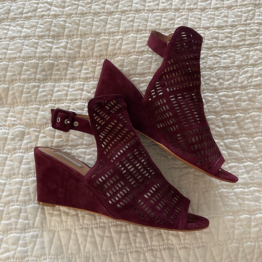 Halogen Rosina Burgundy Suede Laser Cut Wedge Sandals… - Gem